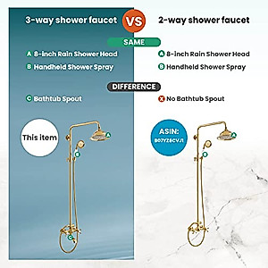 gotonovo Wall Mount Polish Gold 3 Functions Brass Exposed Shower System with 8 Inch Shower head Dual Double Cross Handles Adjustable Handheld Spray with Tub Spout Bathroom Shower Faucet Set