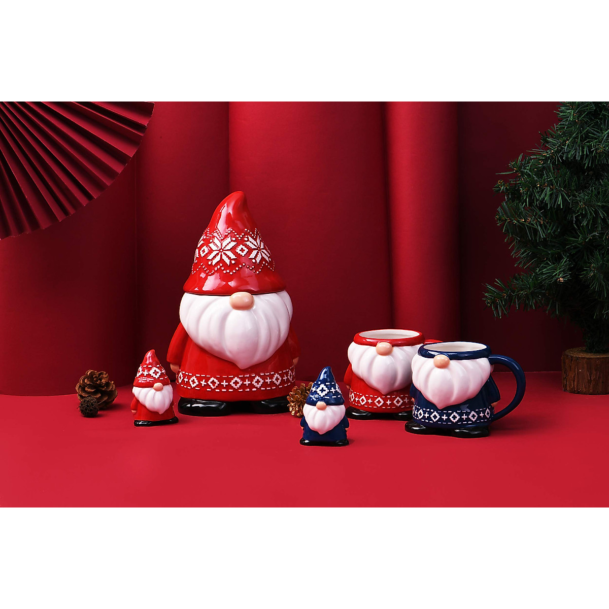 Bico Red Christmas Gnome 11 inch Air Tight Cookie Jar, Handpainted, Dishwasher Safe, Holiday Accent for Kitchen Counter