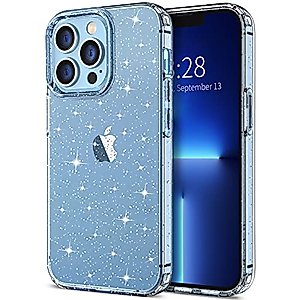 Hython Case for iPhone 13 Pro Max Case Glitter, Cute Sparkly Clear Glitter Shiny Bling Sparkle Cover, Anti-Scratch Hard PC Slim Fit Shockproof Protective Phone Cases for Women Girls, Clear Glitter