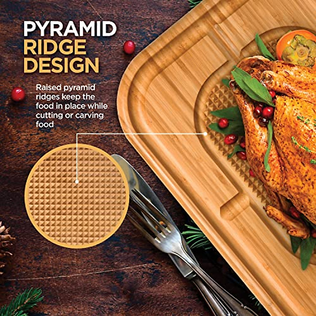 Meat Cutting Board with Juice Groove - Heavy Duty Bamboo Butcher Block Cutting Board - Large Wooden Kitchen Carving Board with Pyramid Design to Stabilize Meat - Reversible Design for Slicing Chopping