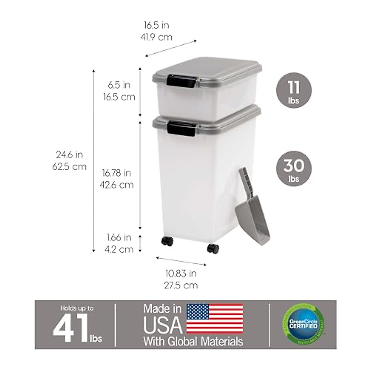 IRIS USA Dog Food Storage Container, 30 lbs & 11 lbs Combo, Cat Food Storage Container, Dog Treat Container, Airtight, Stackable, 2-Cup Scoop, Wheels, Easy Mobility, Chrome