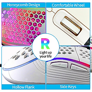 Honeycomb Wired Gaming Mouse, RGB Backlight and 7200 Adjustable DPI, Ergonomic and Lightweight USB Computer Mouse with High Precision Sensor for Windows PC & Laptop Gamers (Ceramic White)