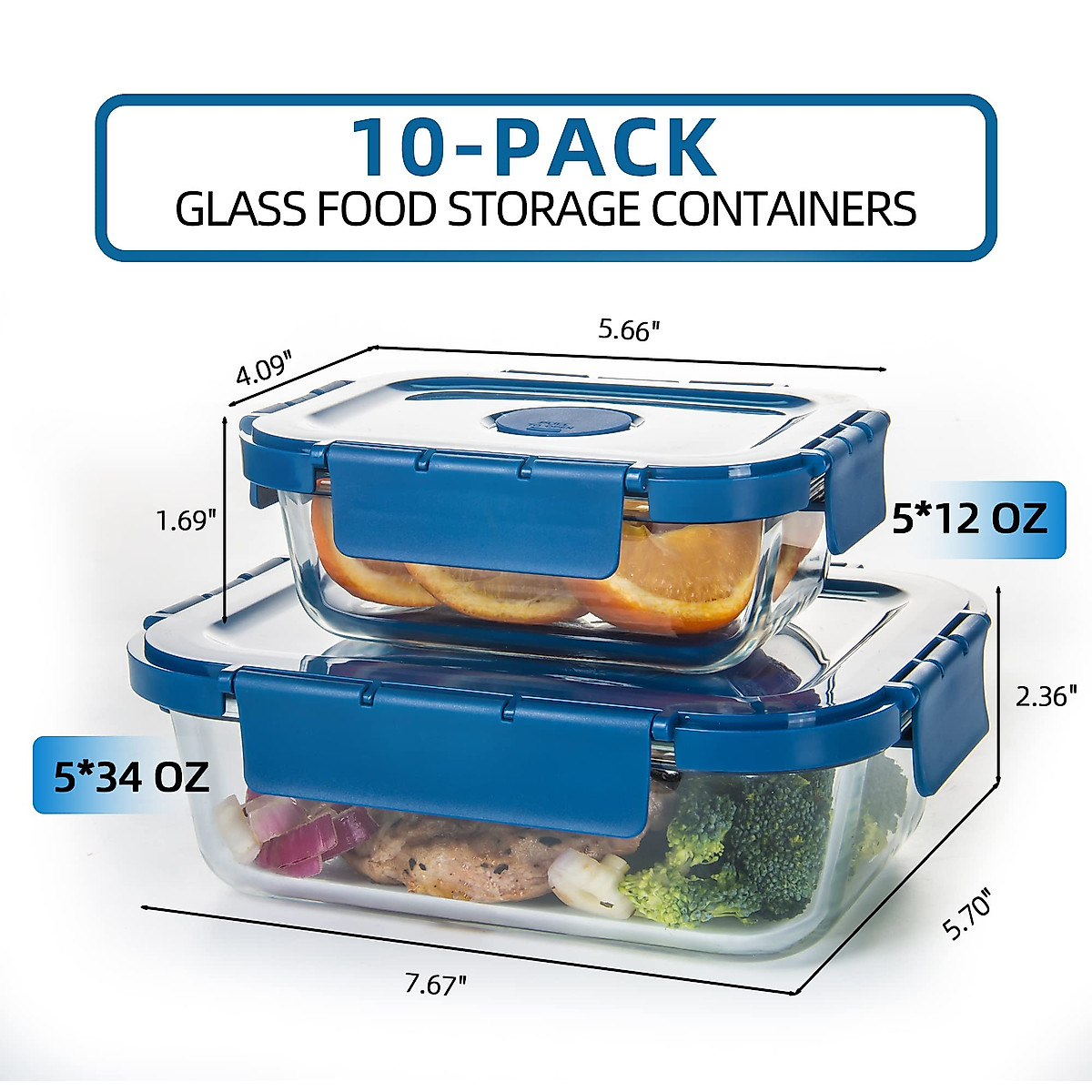 HAKEEMI Glass Food Storage Containers 10 Pack, Glass Meal Prep Containers with Snap Locking Lids Airtight Built in Air Vents, Glass Lunch Containers, Microwave/Dishwasher Safe, Navy Blue