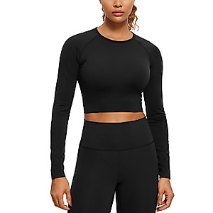 CRZ YOGA Seamless Long Sleeve Shirts for Women Workout Athletic Crop Tops Cropped Running Gym Yoga T-Shirts Black Medium