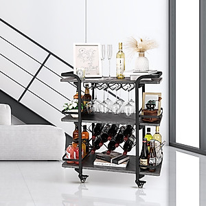Jubao 3-Tier Bar Cart for The Home Mobile Serving with Glass Holders and 8 Wine Racks Storage, Wine Trolley Kitchen Island Cart on Wheels, Modern Coffee Cart for Kitchen Outdoor