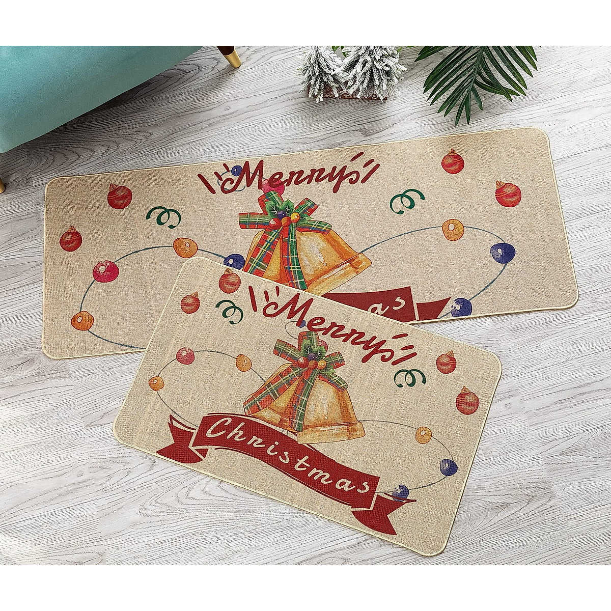 LISIBOOO Christmas Kitchen Rug - Kitchen Mat Set Non Skid Kitchen Rugs and Mats Anti Fatigue Kitchen Floor Mats Rubber Back Absorbent Washable Christmas Kitchen Rug Set 2 Piece 17''x29''+17''x47