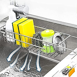 Kitchen Sink Caddy Sponge Holder, Kitchen Sink Caddy Expandable with Dish Cloth Hanger, Stainless Steel Kitchen Sink Organizer Drying Rack Basket, No Drilling