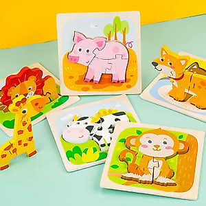 NiToy Wooden Animal Jigsaw Puzzles for Kids, Montessori Educational Building Block Toys Vivid Color Shapes for 36 Month+ Preschool STEM Early Learning Games Gift for Boys and Girls Age 3+ (6 Animals)