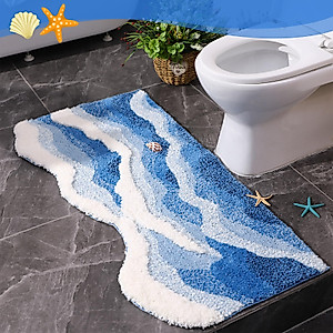 Tinideya Blue Wave Rug 47 x 24 Inch Tufted Ocean Waves Area Rug Ocean Rug with Nonslip Backing Coastal Bathroom Rugs Washable 3D Waves Bath Mats for Home Living Room Bathroom Bedroom Kitchen Decor