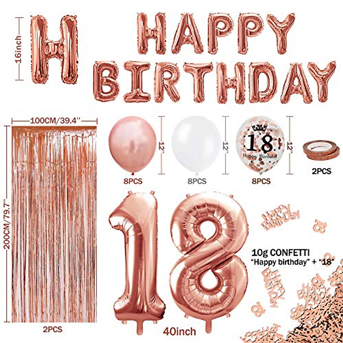 MOVINPE 18th Rose Gold Birthday Party Decoration, Happy Birthday Banner, Jumbo Number 18 Foil Balloon, 2 Rose Gold Fringe Curtain, Latex Confetti Balloon, Table Confetti for Girl Women Anniversary
