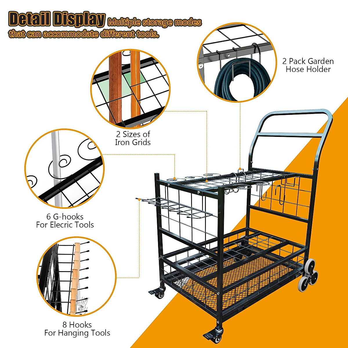 LWTURLOV Garden Yard Tool Organizer with Wheels,Garden Tool Storage,2 Stair Climbing Wheels Garden Cart Yard Tool Organizer for Garage,Yard Racks Tools, Shed, Garage Tool Organizer Rack,Black