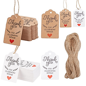 GLOBLELAND 200pcs Thank You for Celebrating with Us Gift Tags with 78.74ft Natural Jute Cord Gold Foil Word Kraft Paper Tags Hanging Paper Labels for Thanksgiving Party Wedding Favors Gifts