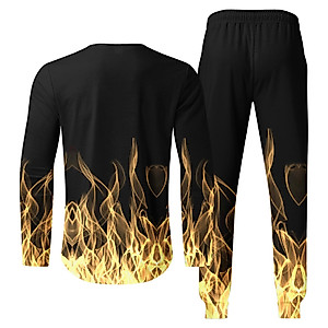 men's tracksuit 11 pieces long sleeve sets Men's Athletic 2 Pieces Tracksuit Casual 3D Flame Print Pullover Crewneck Sweatshirts Loose Sports Sweatpant Set Yellow L