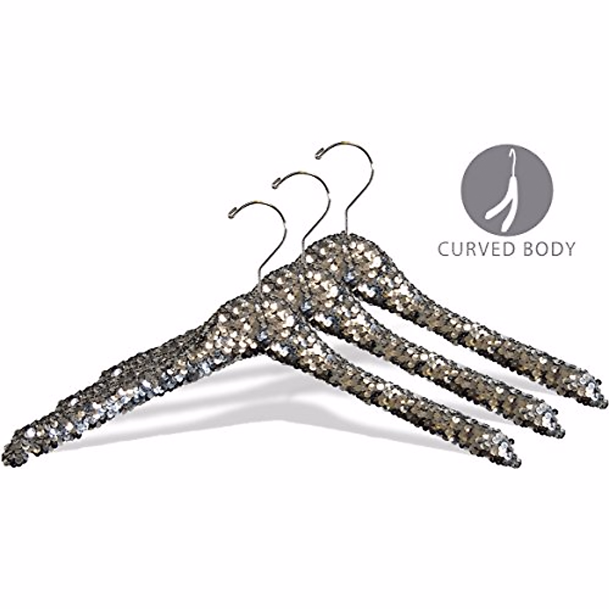 The Great American Hanger Company Silver Sequined Wooden Hanger, Curved 17 Inch Hanger with Hardwood Core and Polished Chrome Swivel Hook
