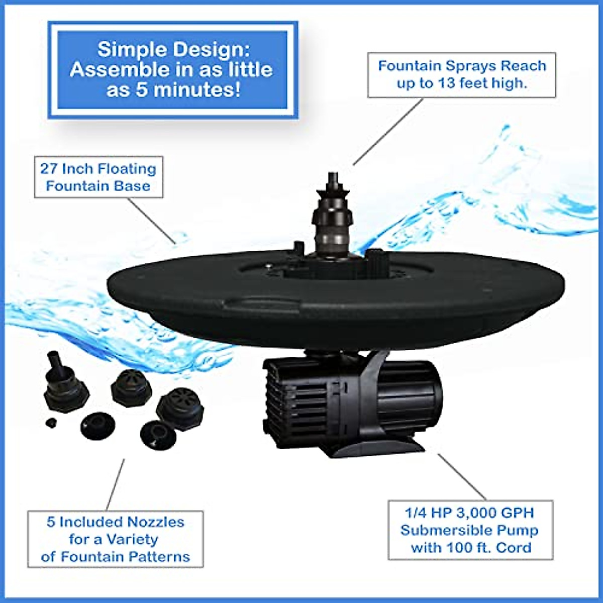 HALF OFF PONDS Aqua Marine Floating Fountain with Large Float, (3) Spray Pattern Nozzles, 3,000 GPH Pump with 100' Cord and (3) 3-Watt Color Changing Light Kit with Remote - AQF30003X3-100