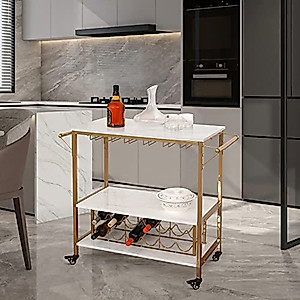 AZL1 Life Concept Bar Serving Cart Bottle Storage and Wine Glass Rack-Faux Marble and Gold
