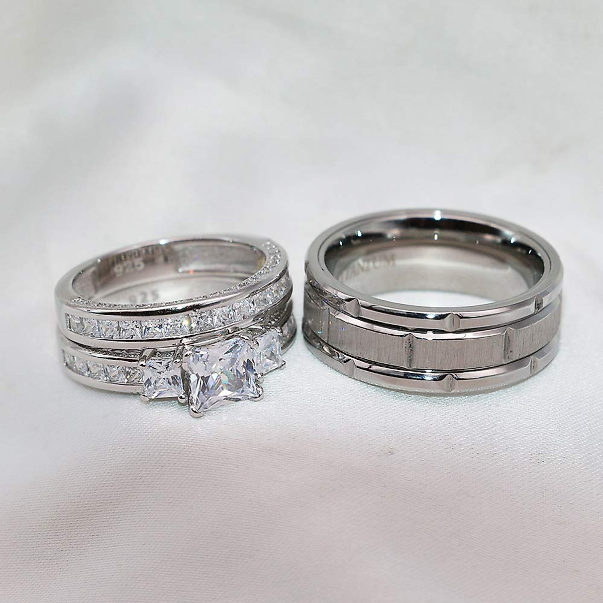 TWO RINGS Wedding Ring Sets His And Hers Promise Ring Couples Bridal Sets Women 925 Sterling Silver square Cz Man Stainless Steel Brushed Finished Wedding Bands