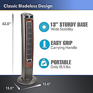 Lasko Oscillating Tower Fan, Nighttime Setting, Remote Control, Portable, Timer, for Bedroom, Home and Office, 3 Quiet Speeds, 42.5", Silverwood, T42954
