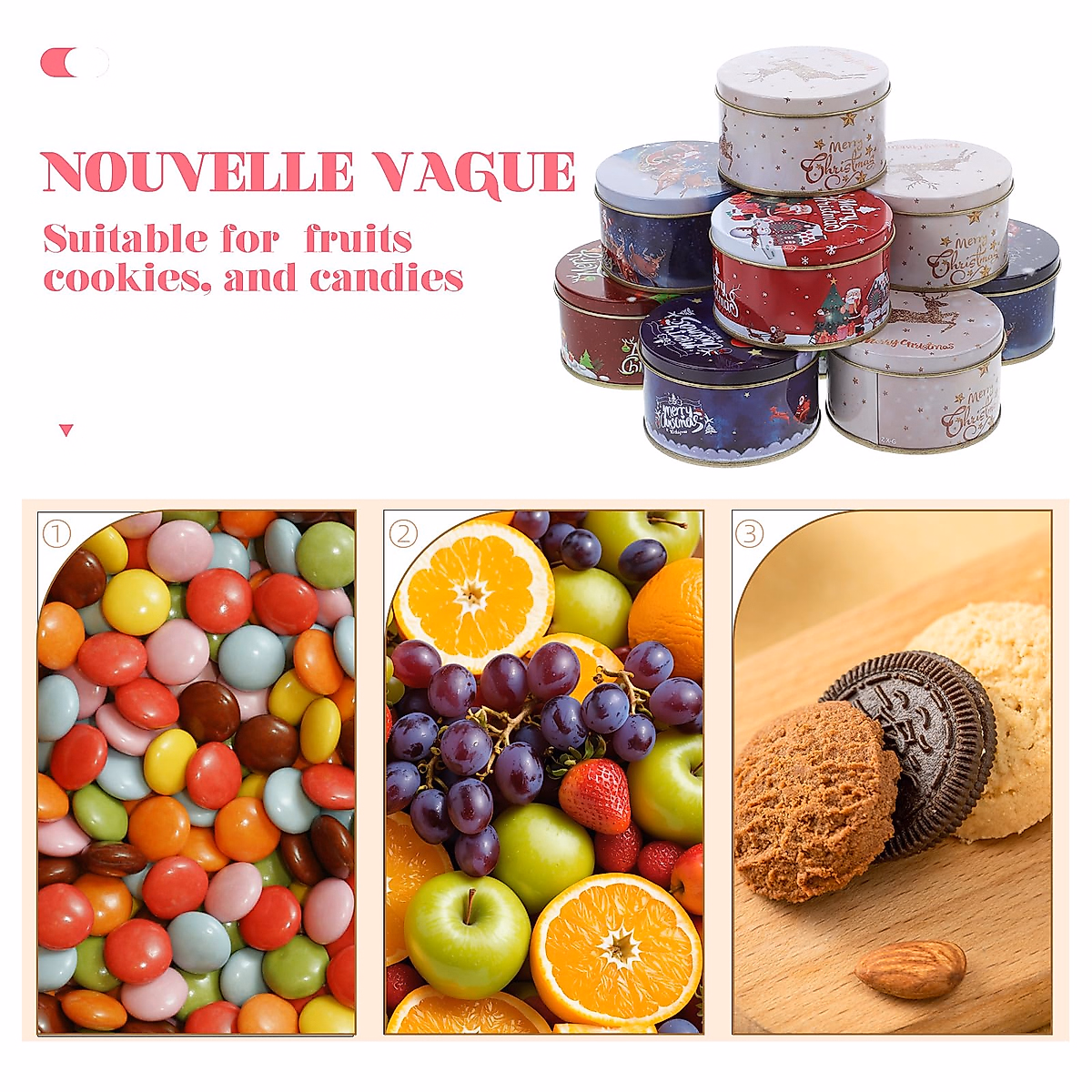 DOITOOL 12 Pcs Christmas Cookie Tin with Lids,Round Metal Cookie Box Christmas Candy Jars,Festive Cookie Containers Xmas Tin Box,Christmas Tinplate with Lids for Storing Candies Biscuits Treat