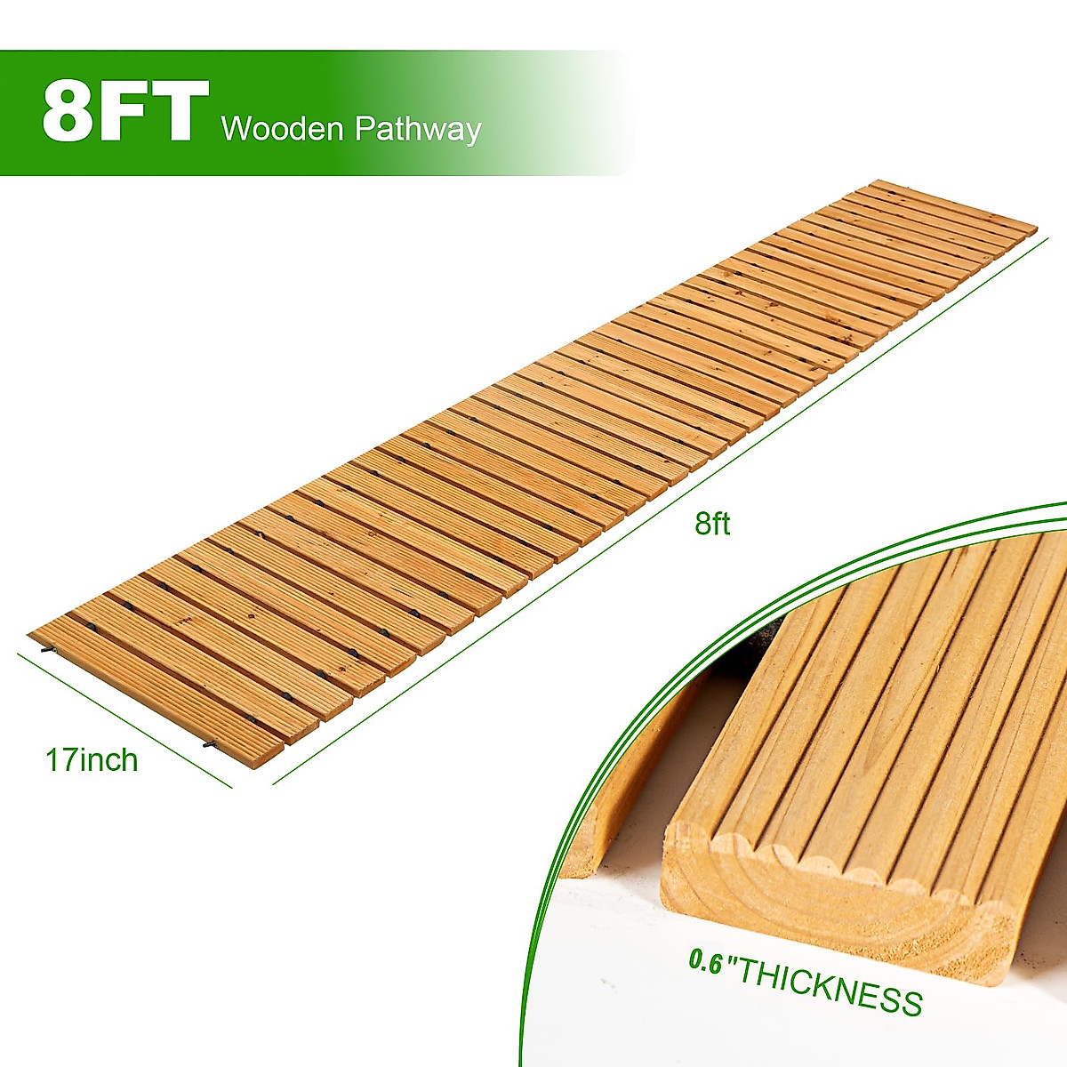 LINSHRY 8FT Wooden Garden Pathway, Outdoor Roll Out Decorative Garden Walkway, Weather-Resistant Non-Slip Wooden Walkway Pavers for Garden, Backyard, Beach, Wedding Party Pathways