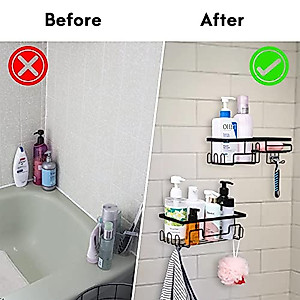 Shower Caddy 2 Pack with Soap Holder, Adhesive Shower Caddy Shelf with 11 Hooks, Wall Mounted Bathroom Shower 0rganizer Stainless Steel No Drilling Black Shower Rack Basket for Inside Shower, Kitchen