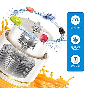 Sizabo Portable Blender,Travel Personal Size Blender for Shakes and Smoothies, Beach Blender Cup Rechargeable with 10 Blades, 3000mAh Mini Fruit Juice Mixer Sport Portable Blender Rechargeable White