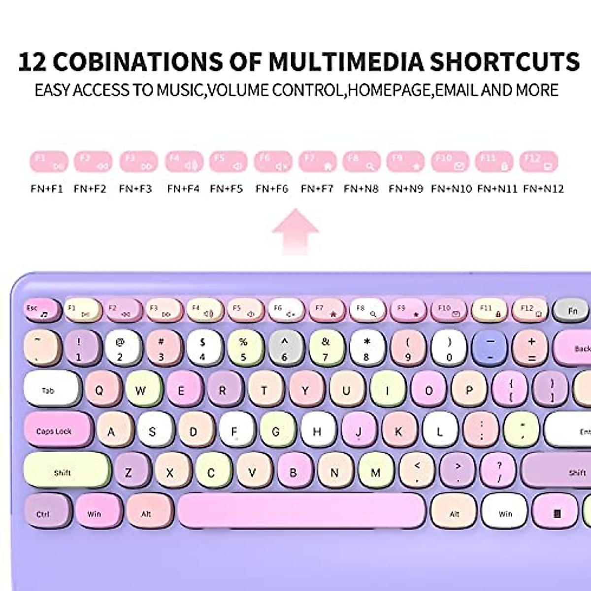FOPETT Wireless Keyboard and Mouse Combo - 2.4GHz Full-Sized - Computer Keyboard with Phone Holder - Keyboard and Mouse Set for Windows/Laptop/PC/Notebook - Purple Colorful