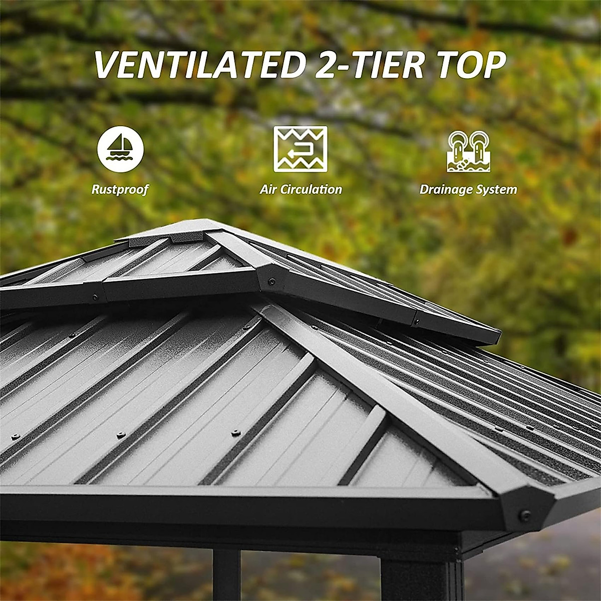 8'X6' Grill Gazebo Hardtop, Steel Grill Gazebo with Two Shelves Serving Tables, Permanent Double Roof Hard Top Gazebo, Heavy Duty Aluminum BBQ Gazebo for Patio, Deck, Backyard and Garden (Grey)