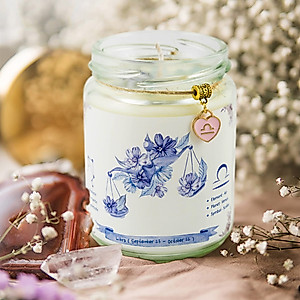 ZINCGE Libra Gifts for Women, Libra Candle, Zodiac Crystal Candle Gifts, Astrology Birthday Gifts Natural Soy Violets Scented Candle with Flowers and Lazurite Spirit Gifts for Mom Sister Friends