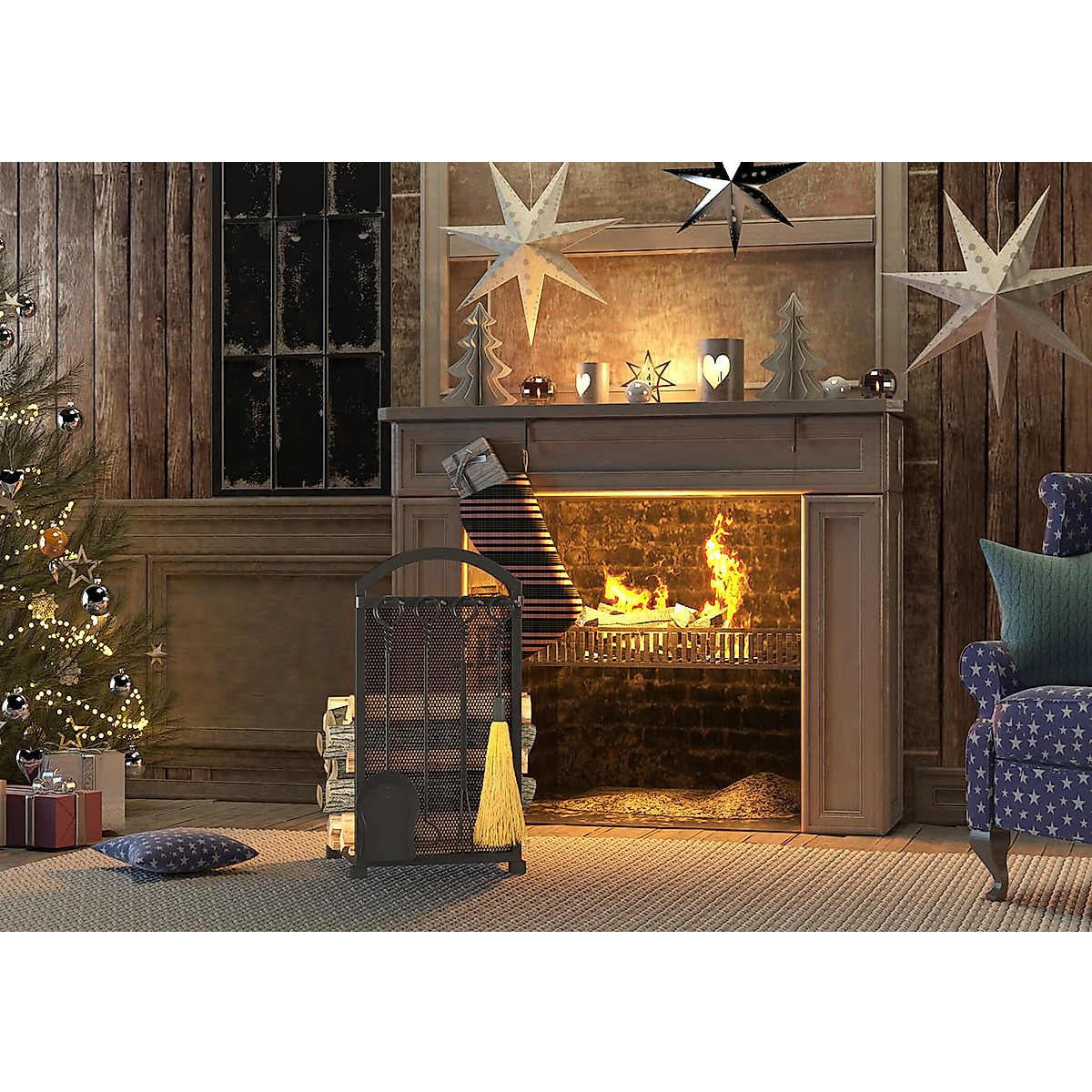 Lizh Metalwork Fireplace Log holder with Fireplace Tools, Wrought Iron Indoor Stove Accessories Firewood Rack Holder Lumber Storage Stacking Log Holder Log Bin with Tongs Shovel Poker and Brush