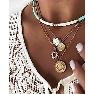 Blue Drop Summer White Heishi Surfer Choker Layered Necklace for Women Flower Gold Helios Coin Pendant Pretty Stylish Floral Jewelry Gifts