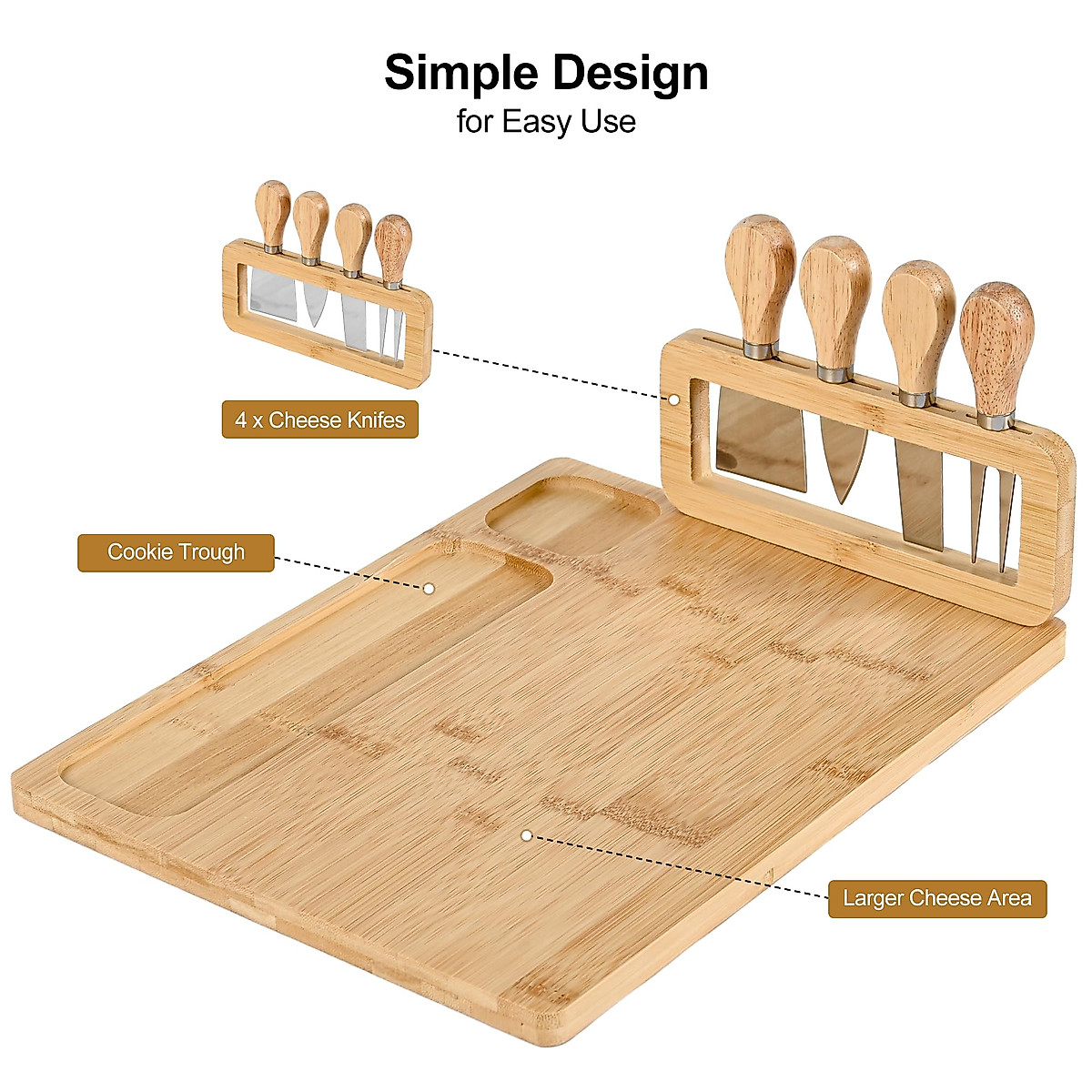Lexda Bamboo Cheese Board and Knife Set - 14” x 11” Large Charcuterie Boards Set, Cheese Tray Platter Servers with Clasp Knife Holder, Gift for Anniversary, Housewarming, Christmas, Thanksgiving