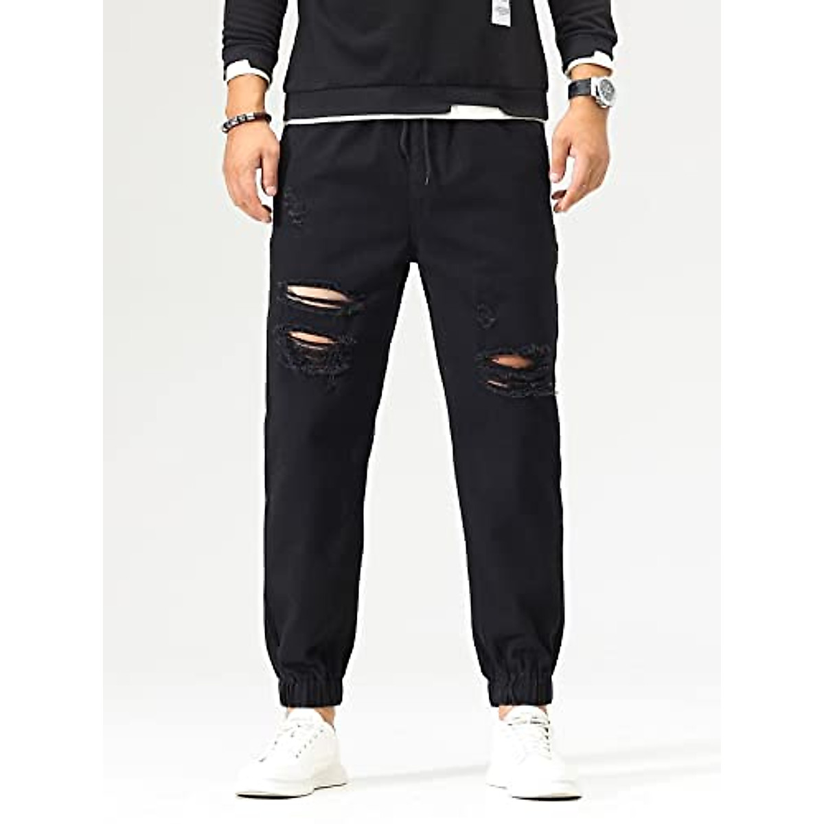 WDIRARA Men's Ripped Frayed Skinny Zipper Fly Jeans Casual Long Denim Pants with Pocket Black Solid S