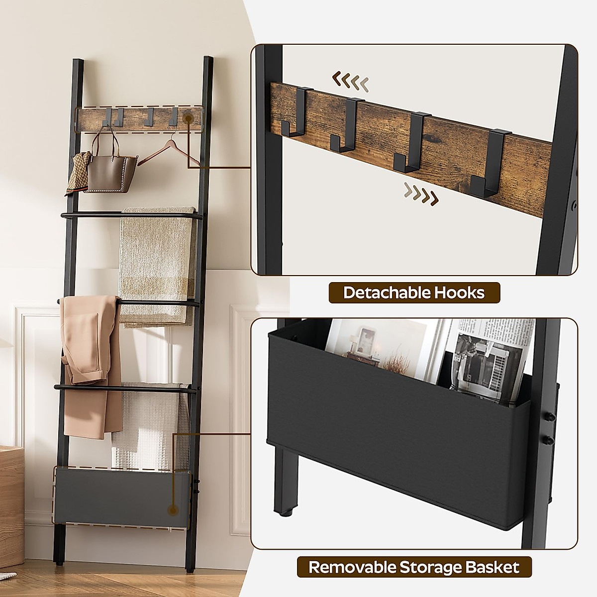 YATINEY Blanket Ladder, 5-Tier Towel Ladder with Hooks and Basket, Wall-Leaning Blanket Holder, Display Towel Rack Shelf, for Living Room, Rustic Brown and Black CJ02BR