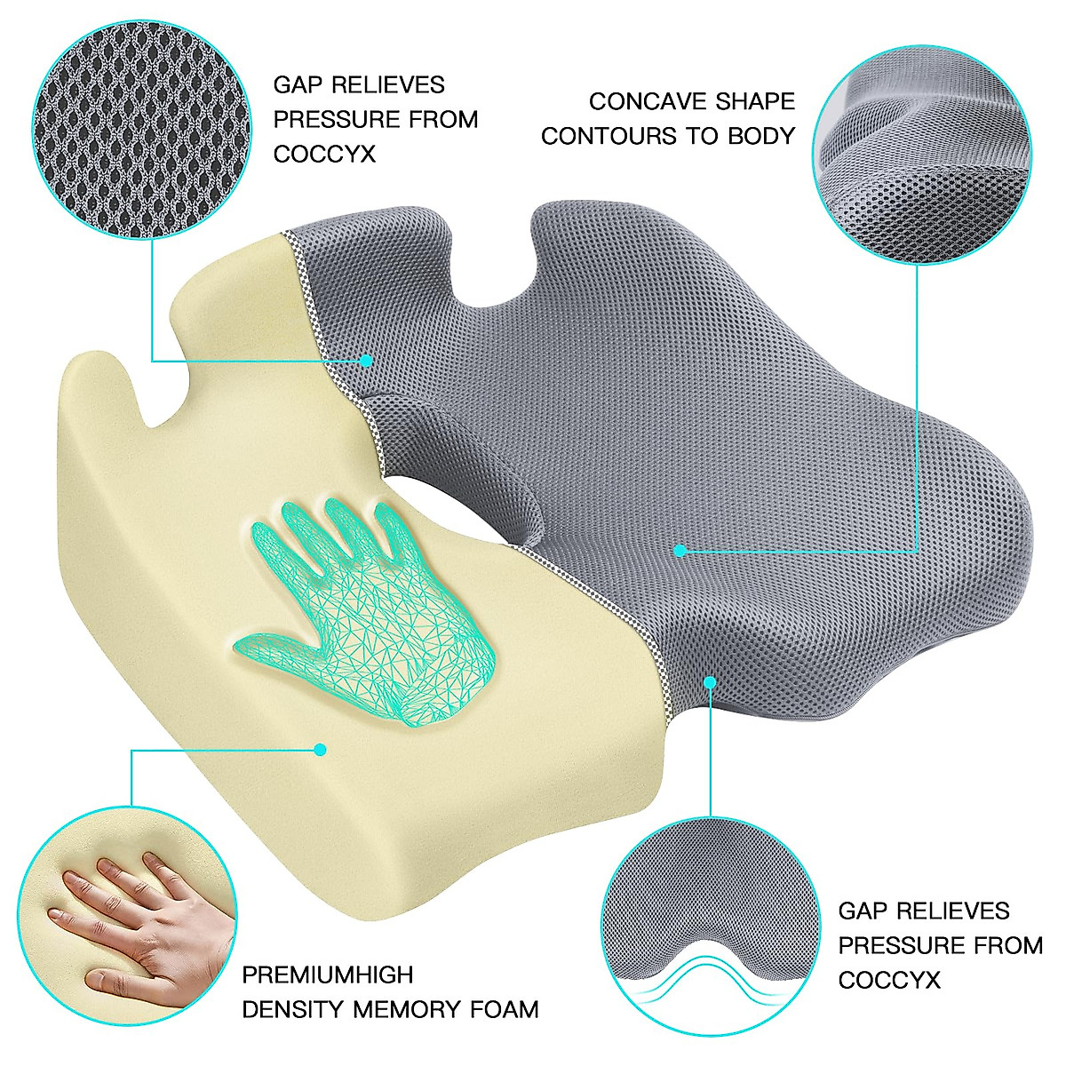 Benazcap X Large Memory Seat Cushion for Office Chair Sciatica & Back Pain Relief Memory Foam Firm Coccyx Pad for Car, Wheelchair, Gaming Chair and Desk Chair, Gray
