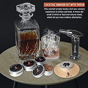 BHETHA-Cocktail Smoker Kit with Torch, 4 tasty Wood Chips Flavors (Apple, Walnut, Cherry, Oak) for Bourbon & Whiskey- Bar accessories for old fashion cocktails. Gifts for Men, Husband, Dad (No Butane)