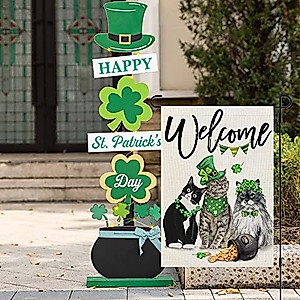 CROWNED BEAUTY St Patricks Day Cats Garden Flag 12x18 Inch Double Sided for Outside Small Burlap Green Shamrocks Clovers Welcome Yard Holiday Flag CF723-12
