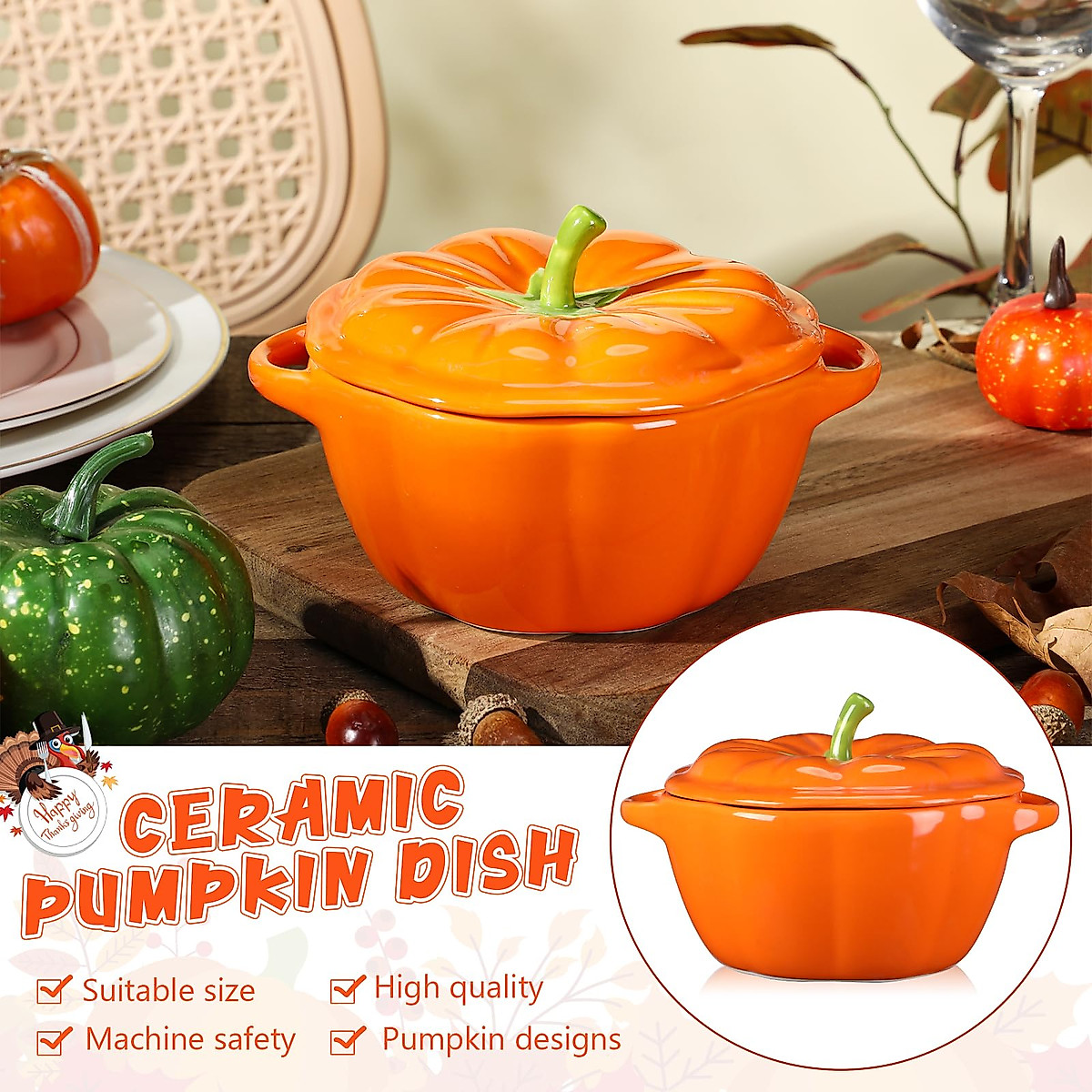 Ziliny 2 Pcs Pumpkin Bowls Ceramic Pumpkin Dish 13 oz Casserole Cookware Serving Pot Pumpkin Safe Oven Pot with Lid and Handle for Fall Halloween Thanksgiving Autumn Cooking Baking Dessert
