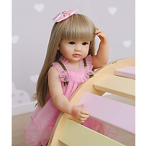 ROSHUAN Reborn Baby Dolls Girl 22 inch Lifelike Realistic Toddler Reborn Doll Silicone Vinyl Full Body Waterproof with Blond Long Hair Pink Dress for Birthday Gifts
