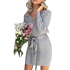 Zonsaoja Women's Sweater Dress Sexy V Neck Long Sleeve Backless Wrap Knitted Mini Dresses Grey S