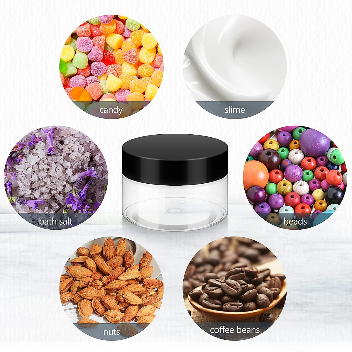 Loretoy Household 1oz Plastic Jars with Lids, 6 Pack BPA Free, Reusable, Refillable Transparent Cosmetic Containers for Bath Salts, Cosmetics, Powders, Beauty Product and Small Accessories