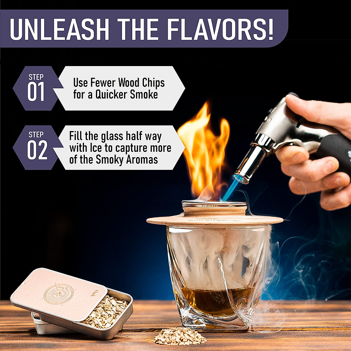 Cocktail Smoker Kit with Torch - Bourbon Smoker Kit - Whiskey Smoker Kit with Torch - Wood Chips - Smoked Old Fashioned Drink Smoker Kit - Bourbon Whiskey for Men and Dads