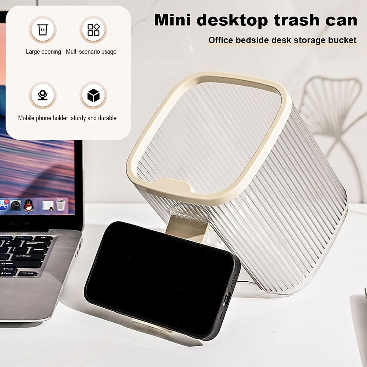 VALINK Transparent Trash can Wastebasket, Desktop Clear Acrylic Trash Can with Holder, Mulitpurpose Bathroom Trash Can Storage Case for Bedroom Home Office Stone Black