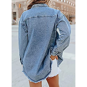 Dokotoo Women's Washed Boyfriend Oversized Lapel Button Up Long Sleeve Denim Trucker Jacket Distressed Ripped Denim Jackets Fashion Distressed Jean Jacket for Women with Pockets, (US 8-10) M,Sky Blue