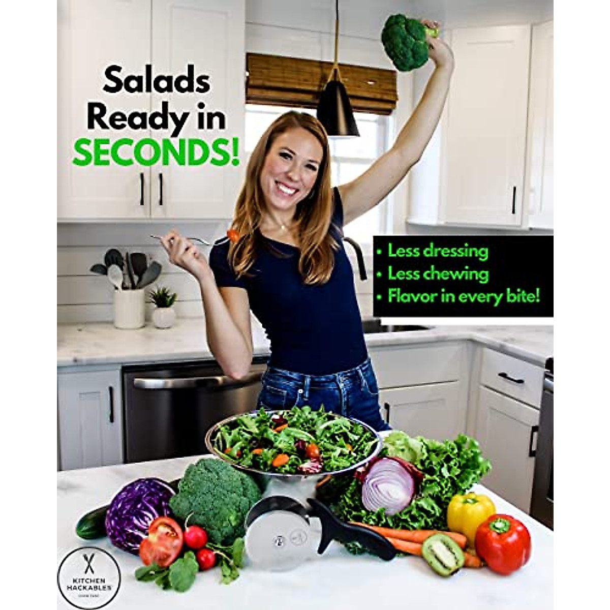 Salad Chopper Blade and Bowl – Stainless Steel Salad Cutter Bowl with Chef Grade Mezzaluna Salad Chopper – Ultra-Fast Salad Prep by Kitchen Hackables