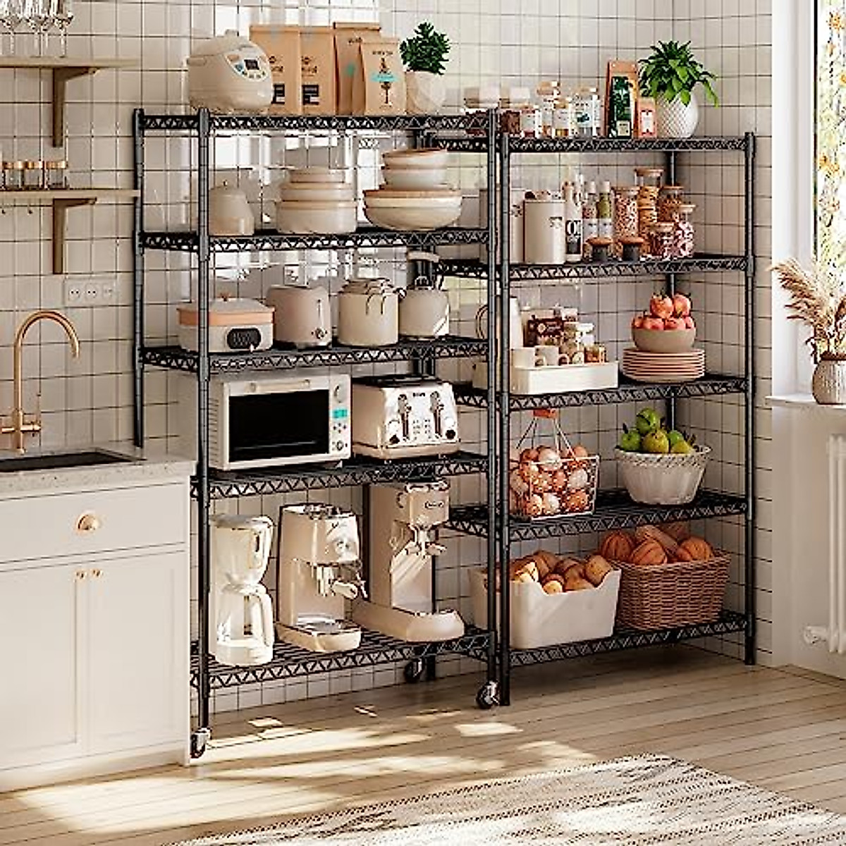 REIBII Wire Shelving Rack Garage Shelving with Wheel 5 Tier Metal Shelving Unit 1750LBS Adjustable Wire Shelf for Garage Storage Shelves Rolling Heavy Duty Shelving Metal Shelves for Storage Pantry