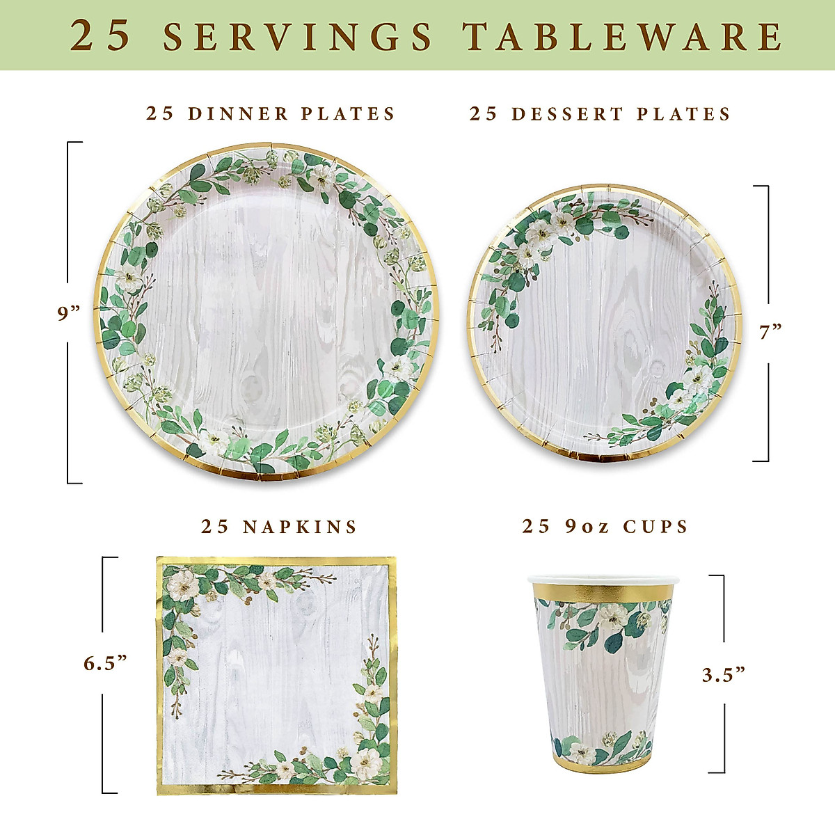 Woodland Sage Green Party Tableware with Paper Plates, Napkins, Disposable Cups, Gender Neutral Baby Shower, Boho Greenery, 25 Servings With Gold Foil, Bridal Shower, Birthday Supplies