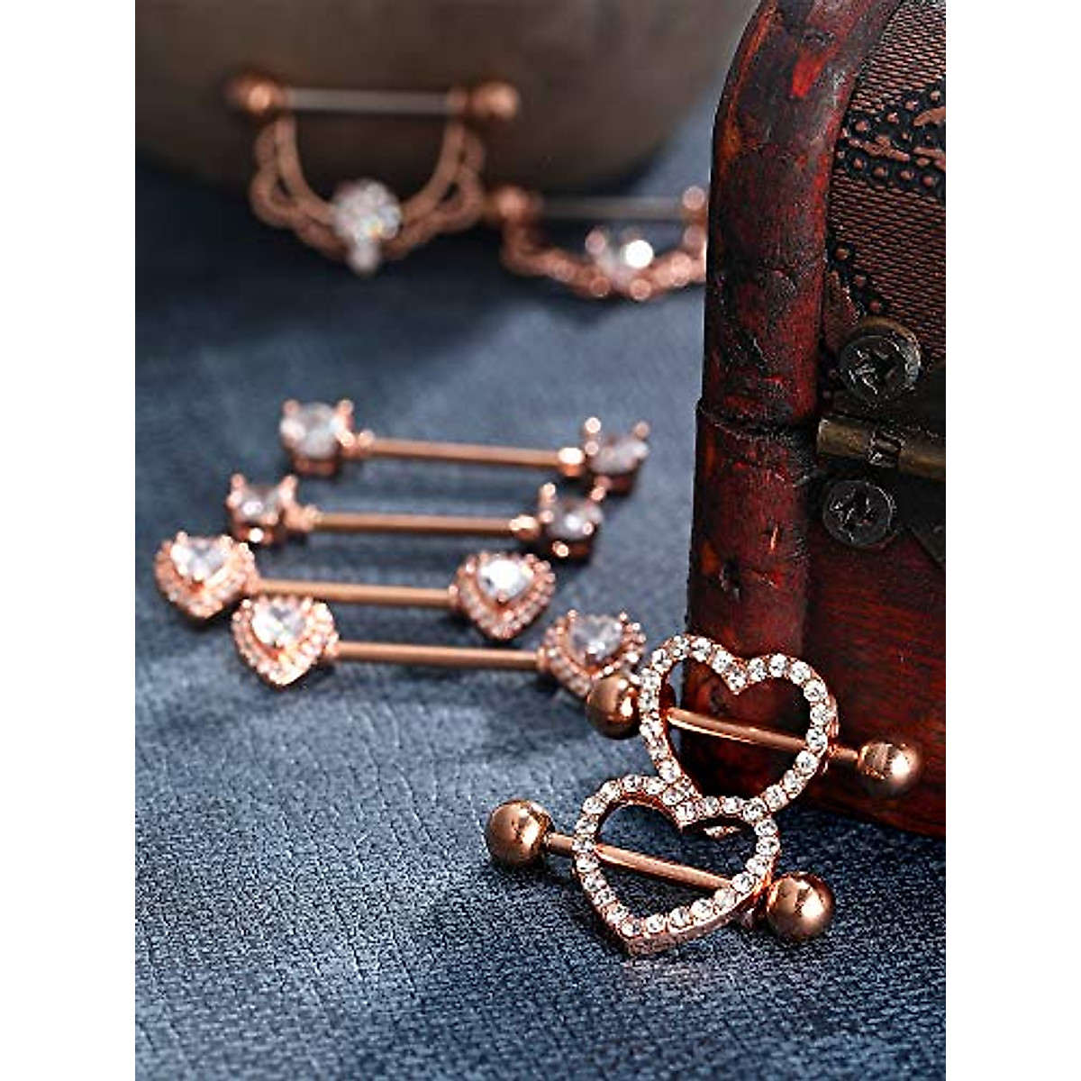 4 Pairs Stainless Steel Nipple Rings Tongue Ring Piercing Body Jewelry Barbell CZ Heart Shape Rings for Women (Rose Gold Bar and White Zirconia)