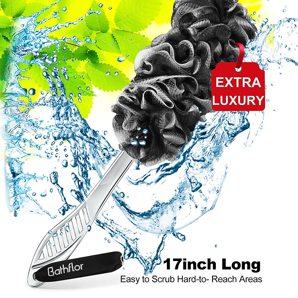 Bathflor Loofah Sponge Exfoliating Body Scrubber: 4PCS Extra Large 80g Shower Loofahs Poufs, 1PCS Long Handle Loofa Back Scrubber, 1PCS Luffa Hook, Charcoal Loofah Pack for Women Men Bath Wash, Black