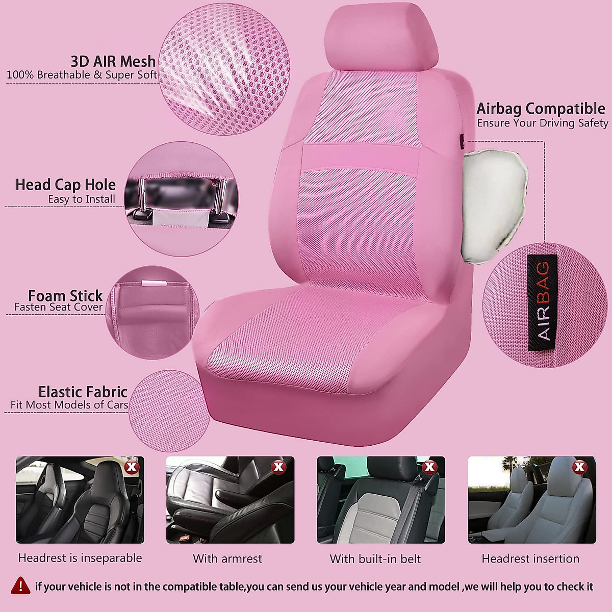 CAR PASS Pink Car Seat Cover Full Sets, Air Breath in Summer Mesh Seat Cover 5mm Sponge Airbag Composite, Cute for Women Girly, Universal Fit SUV, Vans, sedans,Trucks, Automotive Interior All Pink